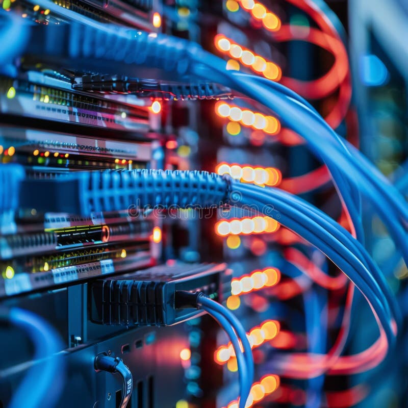 Network Server Rack with Blue Cables and Red Lights Stock Illustration ...