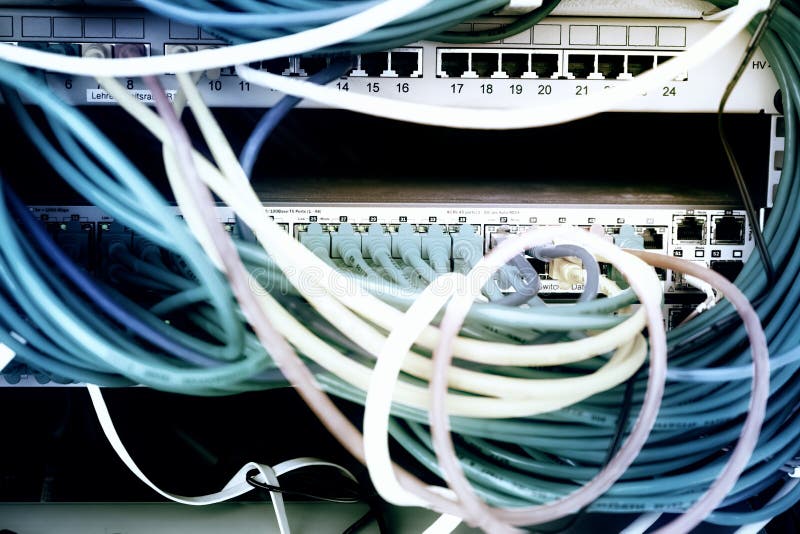 Network Server Cabinet with Racks, Cables, Optical Lines, Ethernet ...