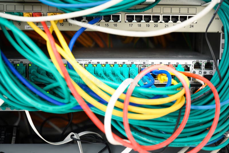 Network Server Rack with Colorful Cables and Ethernet Switches in the ...
