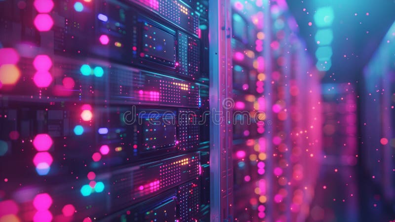 Network Server Racks in a Data Center Corridor, with Vibrant Neon ...