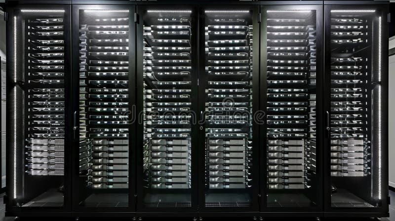 Network Server Racks in a Modern Data Center. AI Brain Analyzing Stock ...