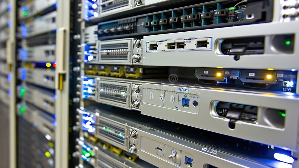 Network Server Racks in a Modern Data Center. AI Brain Analyzing Stock ...