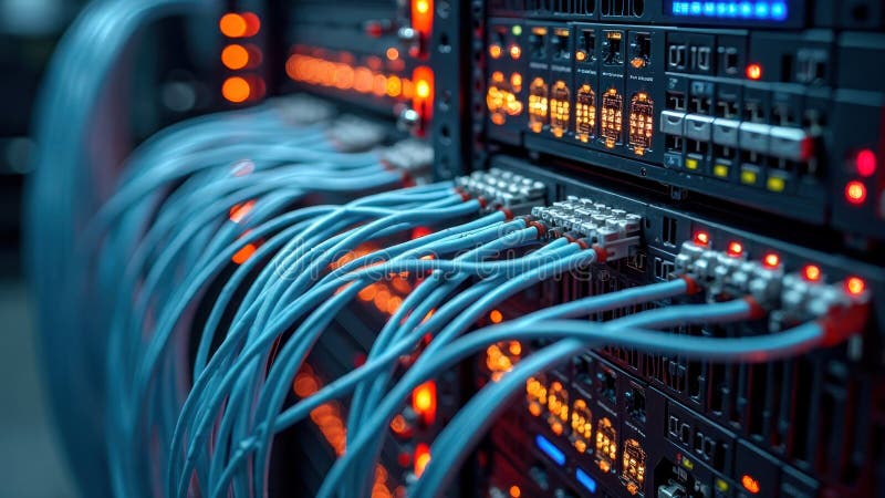 Network Server Room with Cables and Led Lights in Data Center Stock ...
