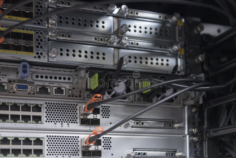 Network Server Room Closeup on Fiber Optic Hub or Switch for Digital ...