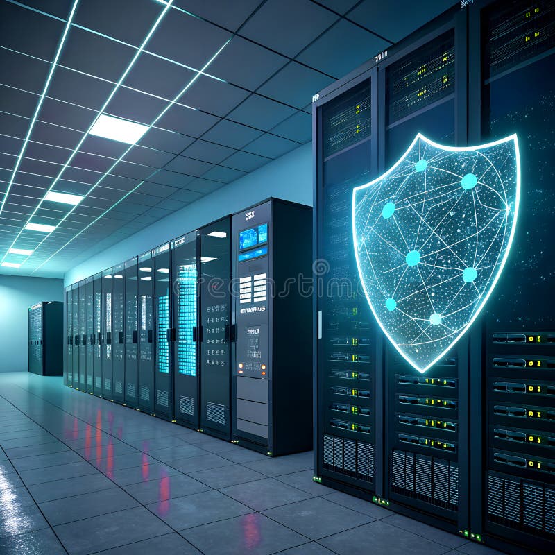Network Server Room with Shield and Cyber Security Concept. 3d ...