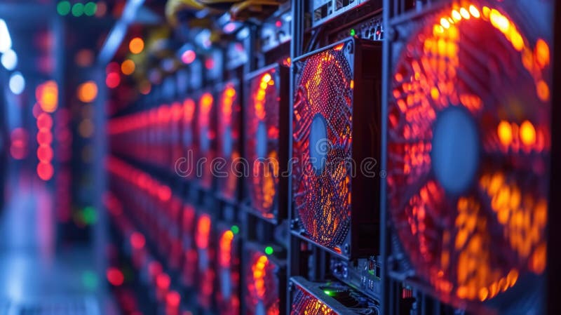 Network Server Room with Glowing Red Cooling Fans Stock Illustration ...