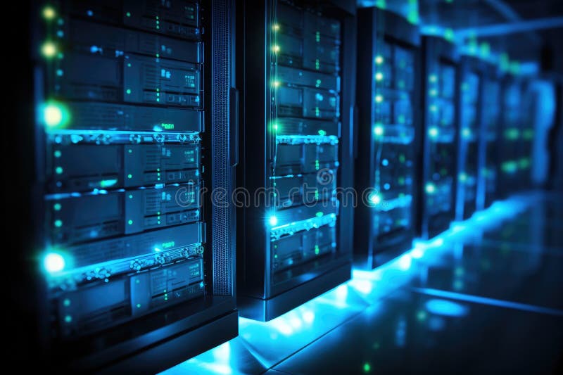 Network Server Room with Hard Drives in Blue Light 3d Render, Row of ...