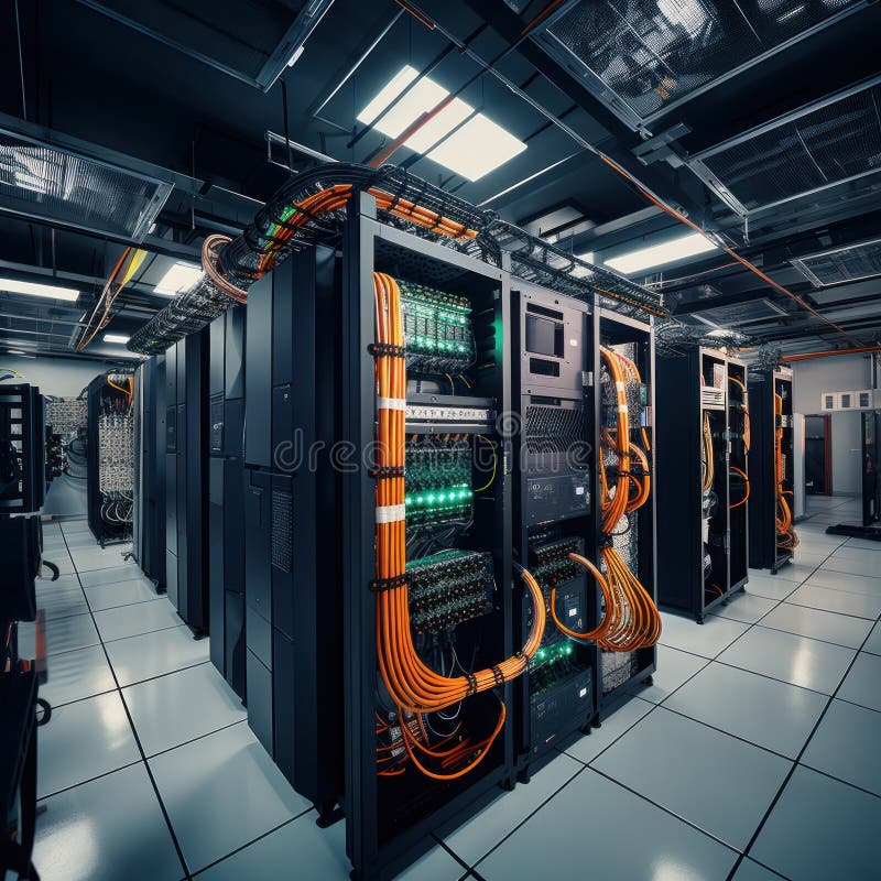 Network Server Room with Rows of Modern Equipment Stock Illustration ...
