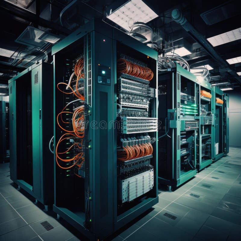Network Server Room with Rows of Modern Equipment Stock Illustration ...