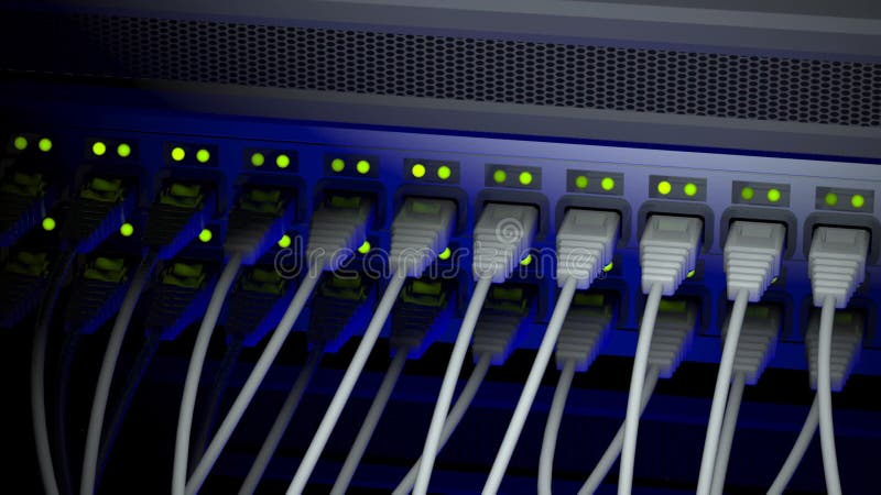 Network Server Room with Racks in Data Center. Blink Led Lamp. Dark ...