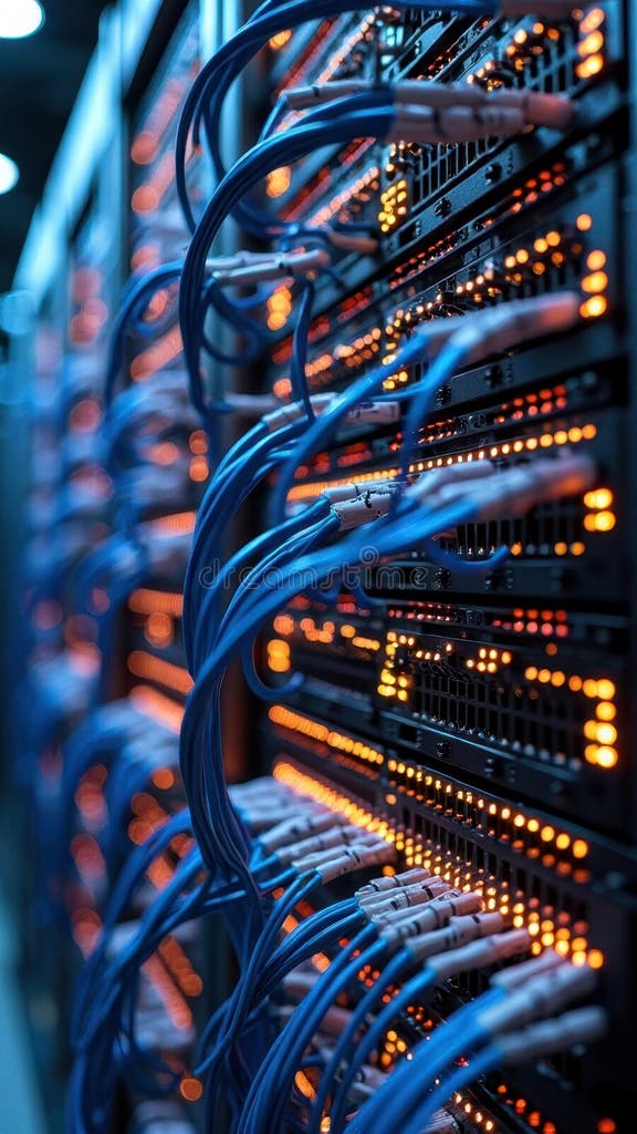 Network Servers with Blue Cables and Illuminated Led Lights in Data ...