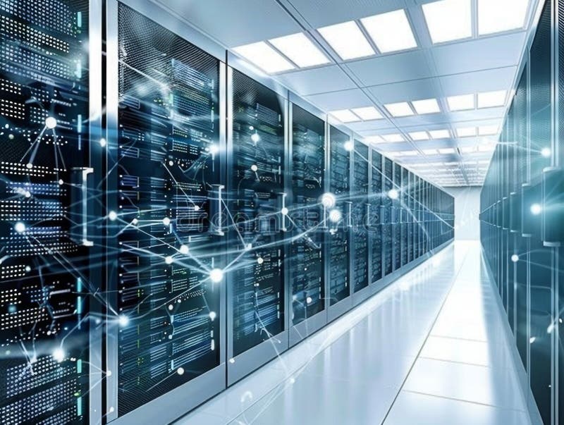 Network Servers Connected in Data Center with Luminous Lines Stock ...