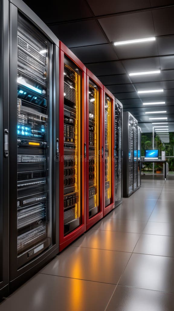 Network Servers in a Data Center with Brightly Colored Borders in a Row ...