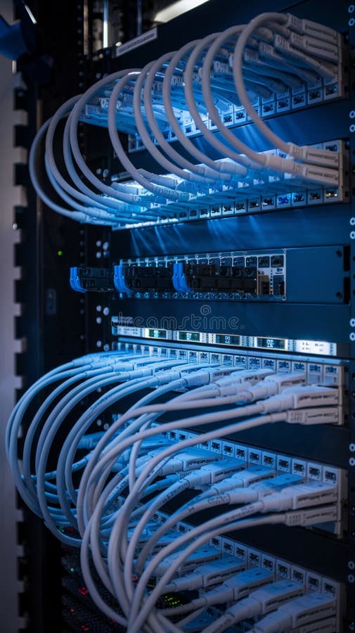 Network Setup with Organized Blue Cables, Rack Mounted Device, Soft ...