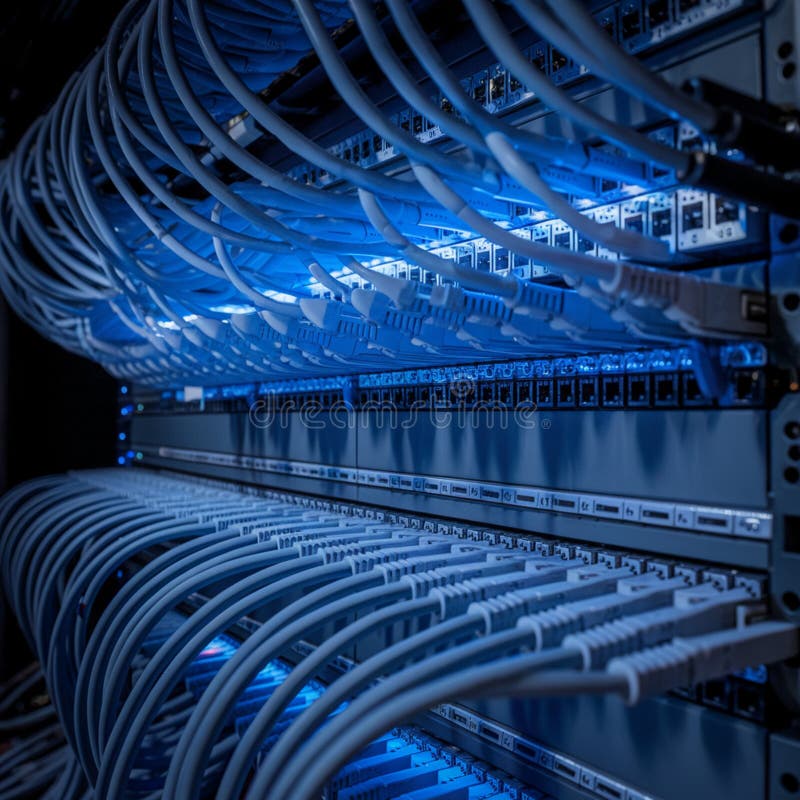 Network Setup with Organized Blue Cables, Rack Mounted Device, Soft ...
