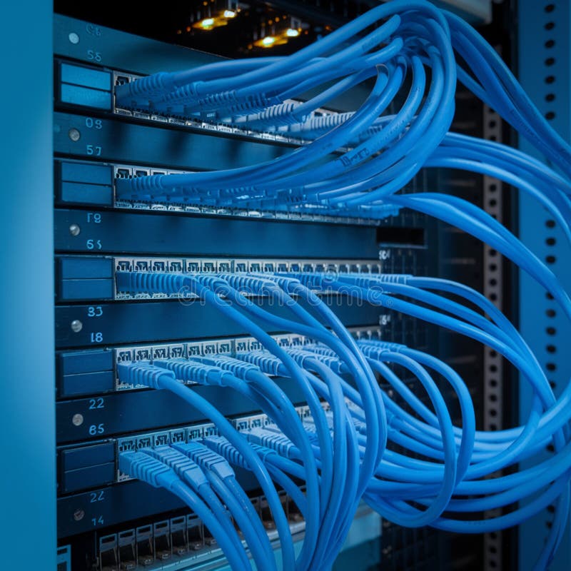 Network Setup with Organized Blue Cables, Rack Mounted Device, Soft ...