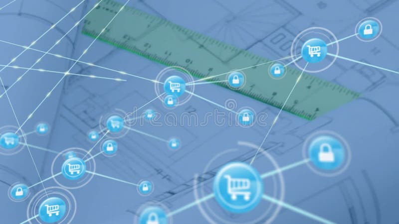 Network of Shopping Cart and Lock Icons Animation Over Architectural ...