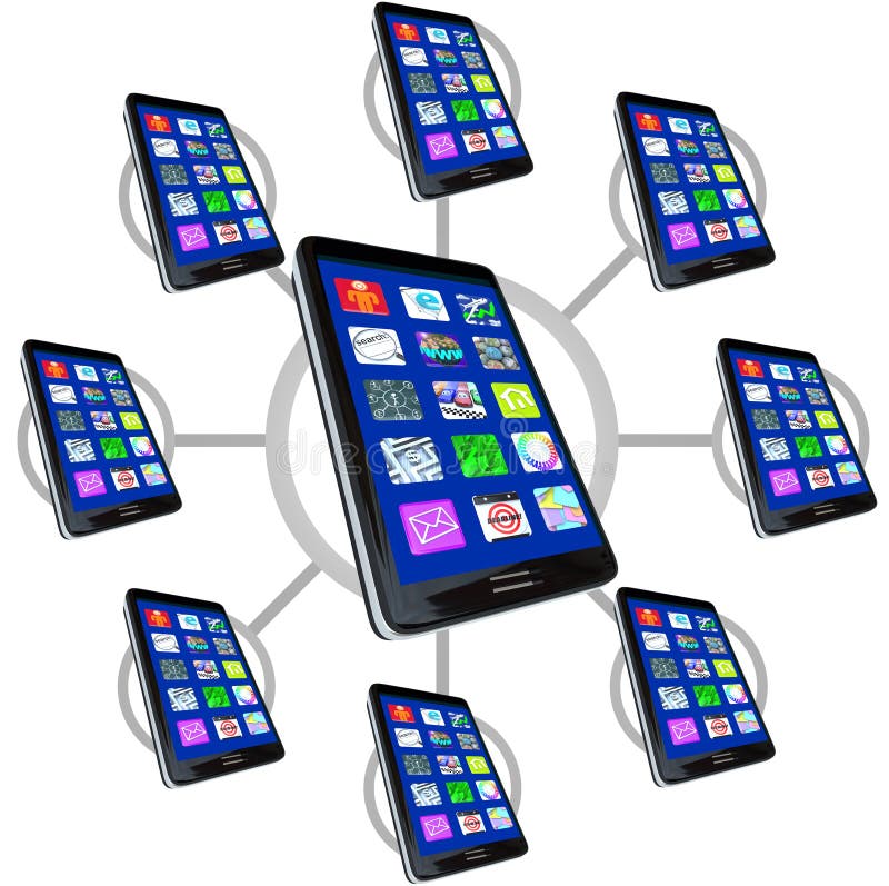 Network of Smart Phones with Apps Stock Illustration - Illustration of ...