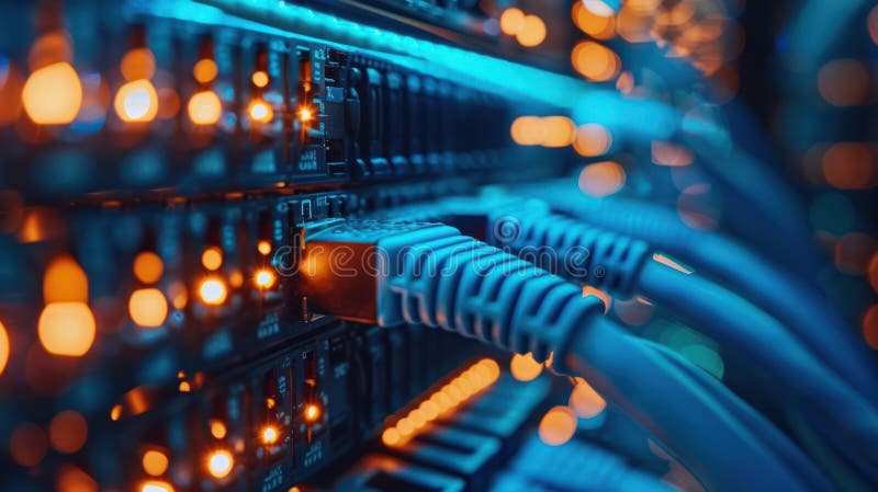 Network Switch and Blue Cable Closeup in Data Center Stock Illustration ...