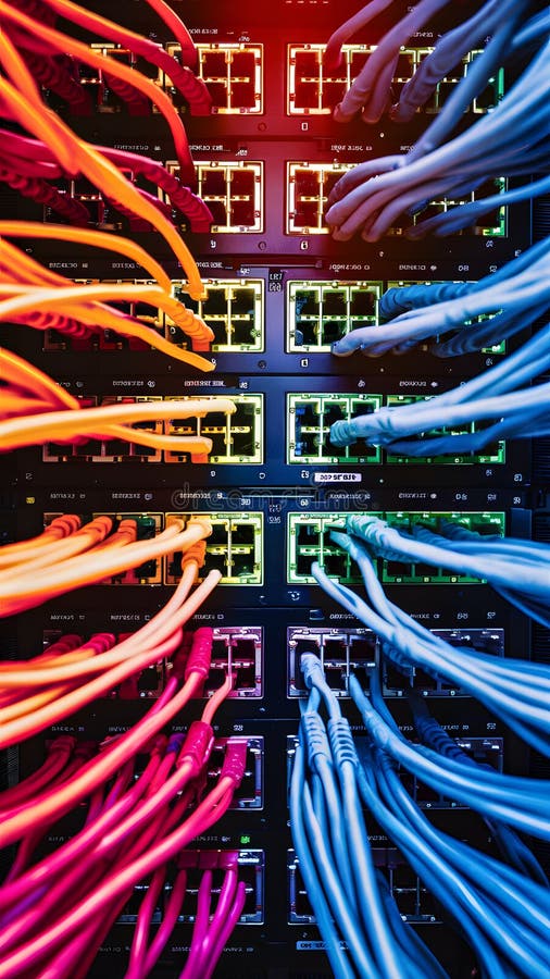 Network Switch with Vibrant Cables, Organized Ports Whispering Digital ...