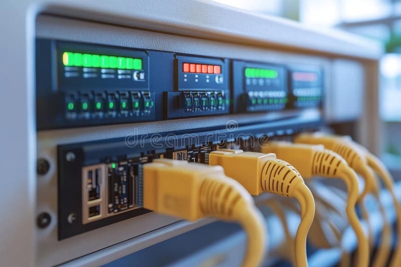Network Switch with Connected Cables Glowing Lights and Labeled Ports ...