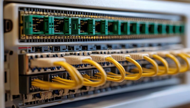 Network Switch with Connected Yellow Cables in a Technology Workspace ...