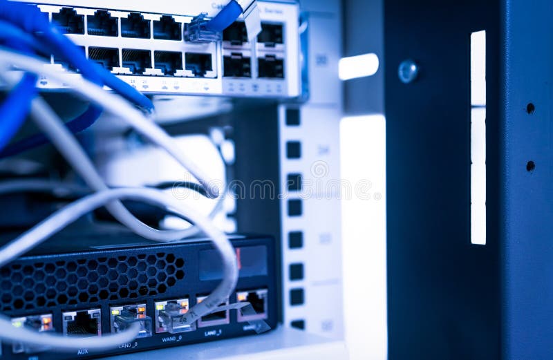 Network Switch and Ethernet Cable in Data Center. Wifi Plug of Internet ...