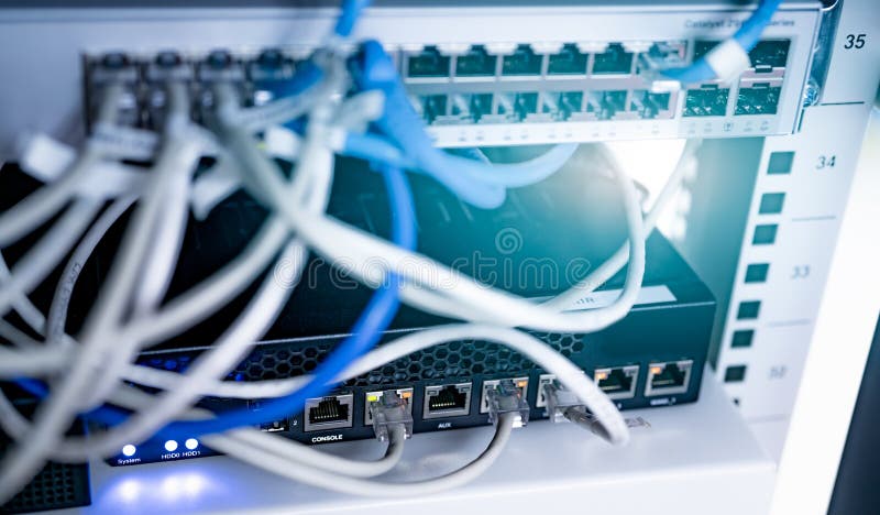 Network Switch and Ethernet Cable in Data Center. Wifi Plug of Internet ...