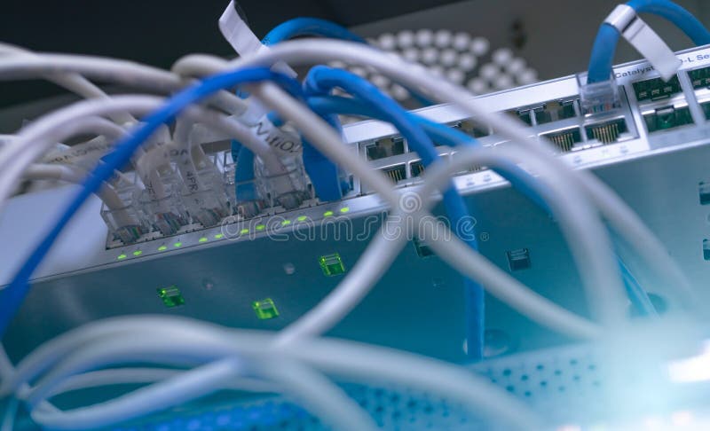 Network Switch and Ethernet Cable in Data Center. Wifi Plug of Internet ...