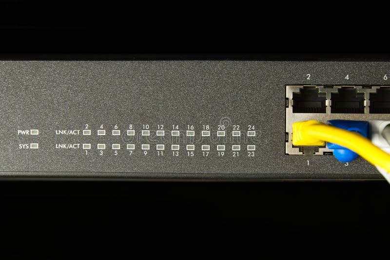 Network Switch and Ethernet Cable in Rack Cabinet. Network Connection ...