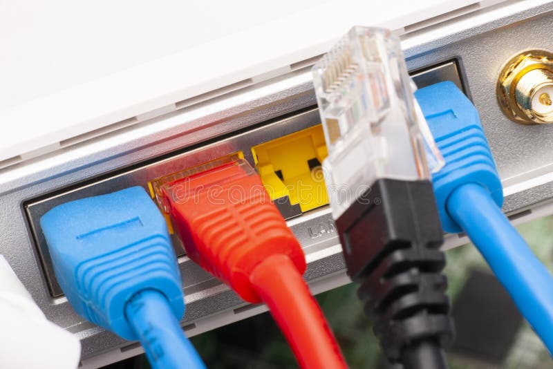 Network Switch and Ethernet Cables, Close Up Macro Shot on Computer ...