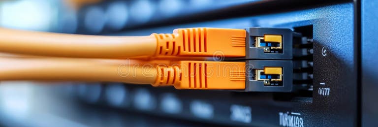 Network Switch with Ethernet Cables, Closeup of Orange Network Cables ...