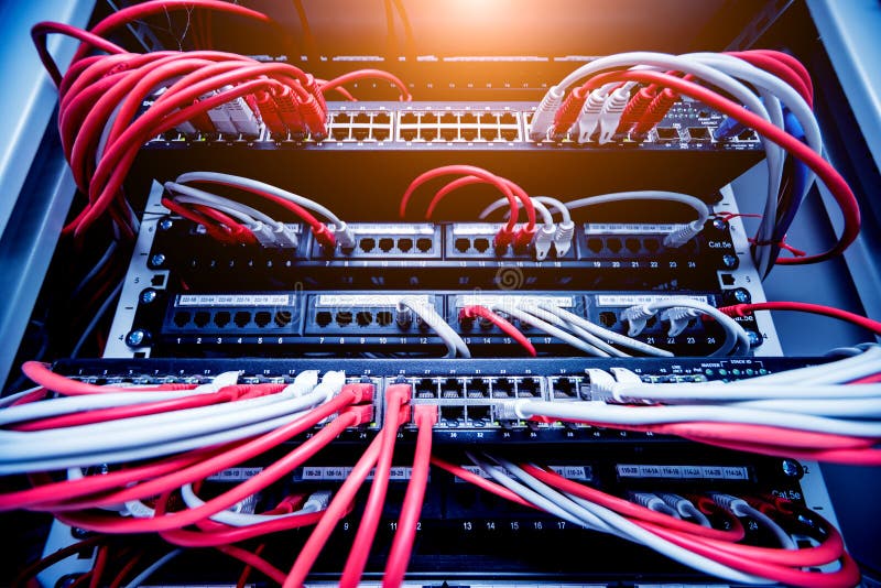 Network Switch And Ethernet Cables In Red And White Colors. Data Center ...