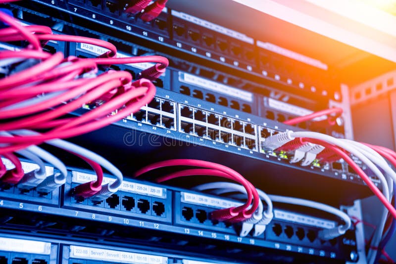 Network Switch and Ethernet Cables in Red and White Colors. Data Center ...