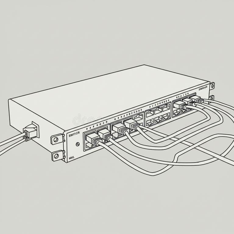 Network Switch Illustration with Multiple Ethernet Ports and Connected ...