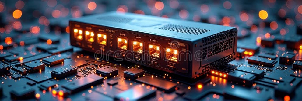 Network Switch with Led Indicators on Circuit Board with Orange Lights ...