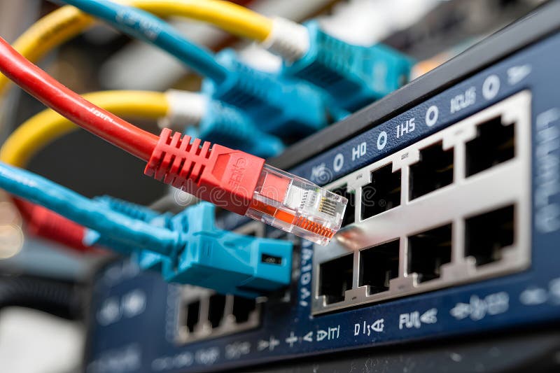 Network Switch with Multiple Ethernet Cables - Data Connection and Network Infrastructure. Stock ...