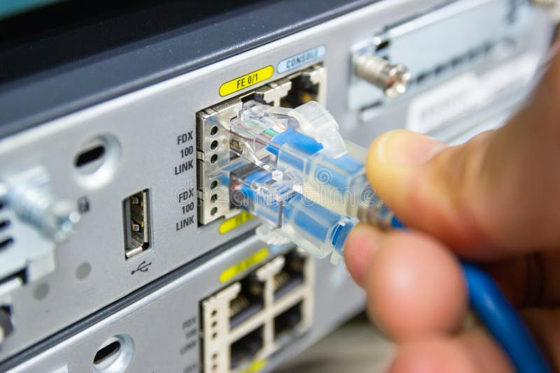 Network Switch in Rack, Network Cables Connect SFP Module Port Stock ...