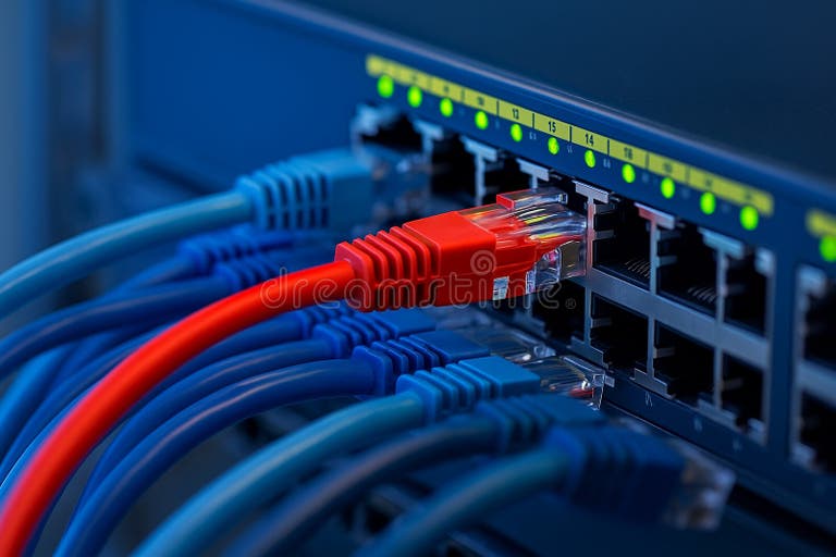 Network Switch with Red and Blue Ethernet Cables HighSpeed Data ...