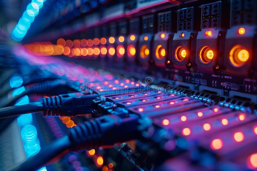 Network Switches and Server Racks in a Telecommunications Center with ...