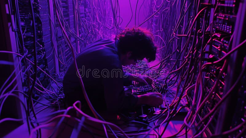 Technician Working on Network Patch Panel in Server Room with Purple ...