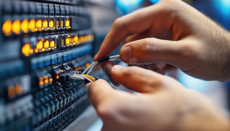 Network Technician Plugging Ethernet Cable into Server in Datacenter ...