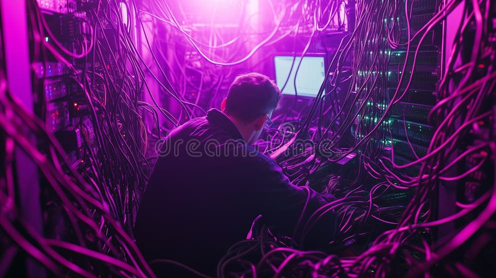 Technician Working on Messy Network Servers in Dark Data Center with ...