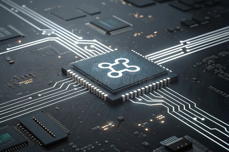 Network Technology Concept with Share Symbol on a Microchip. White Neon ...