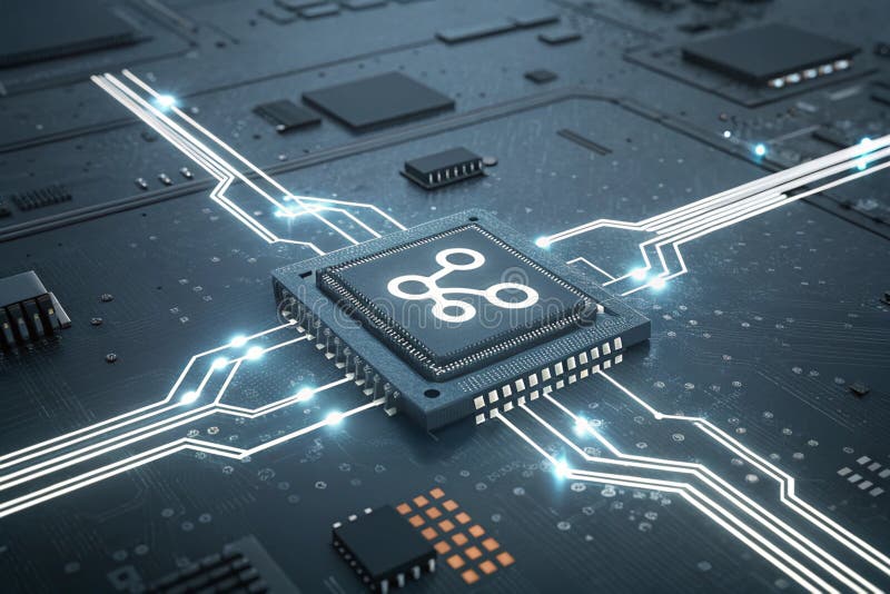 Network Technology Concept with Share Symbol on a Microchip. White Neon ...