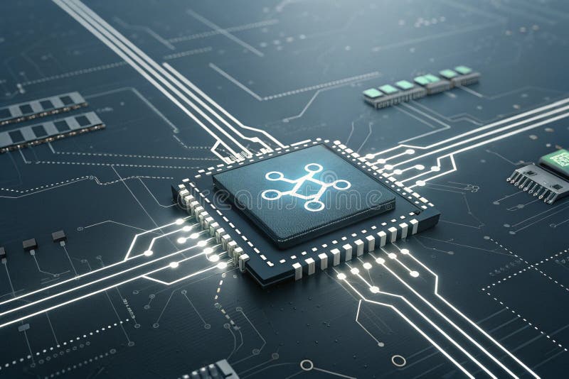 Network Technology Concept with Share Symbol on a Microchip. White Neon ...