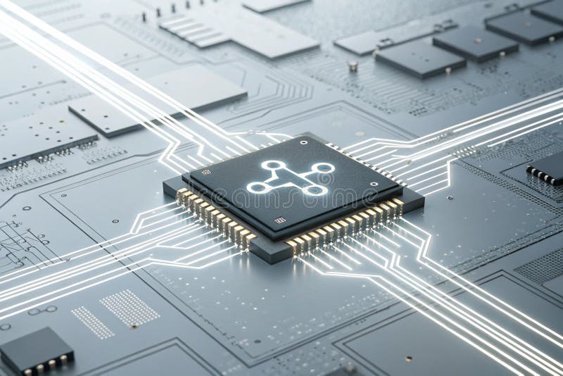 Network Technology Concept with Share Symbol on a Microchip. White Neon ...