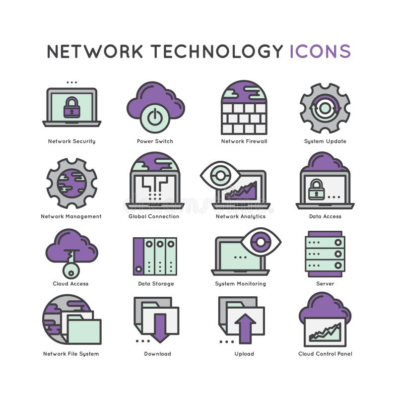 Network Technology Icon Set Stock Illustration - Illustration of icon ...