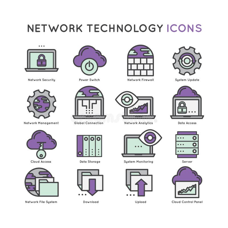 Network Technology Icon Set Stock Illustration - Illustration of data ...