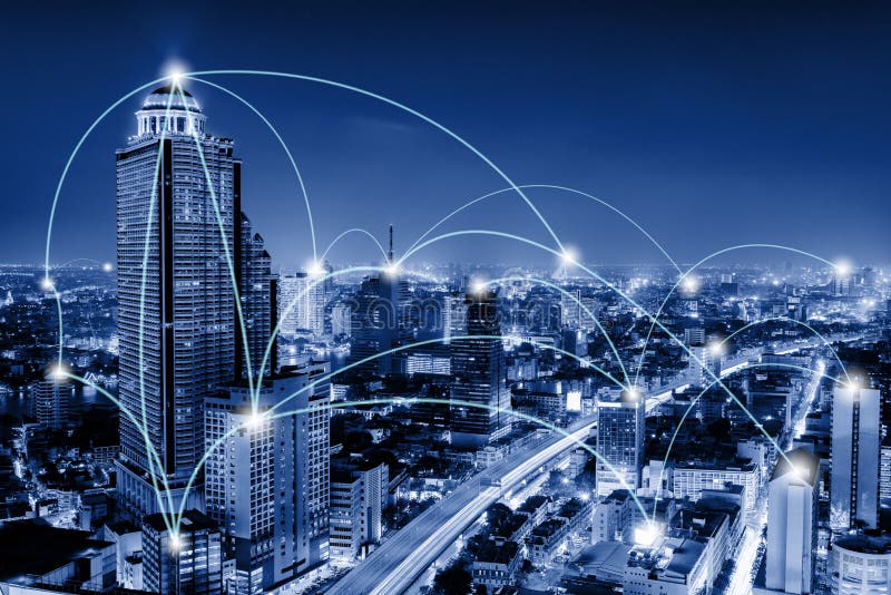 Networking And Internet Network Technology In The City Telecommunication Towers With Cityscape